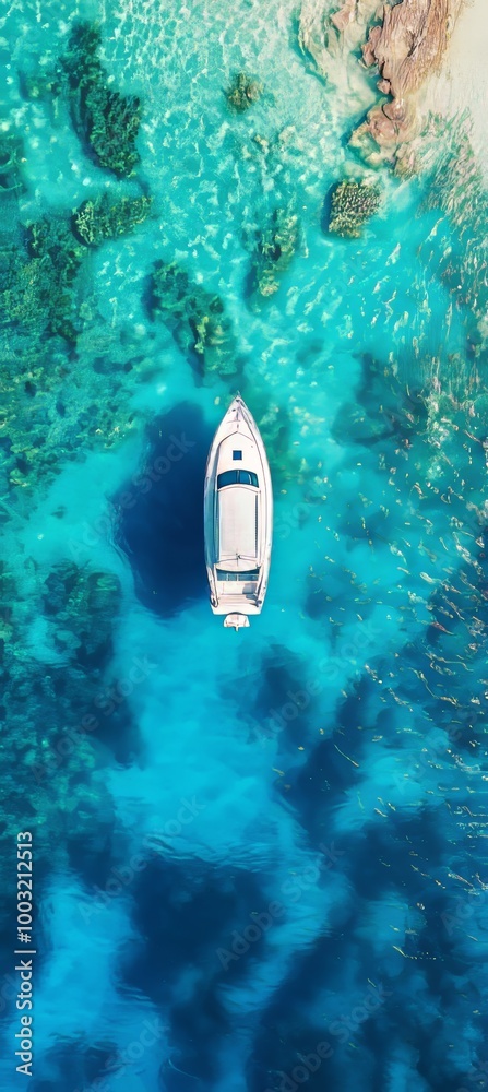 It is a boat in a blue sea, near the beach, taken from a top view, wide ...