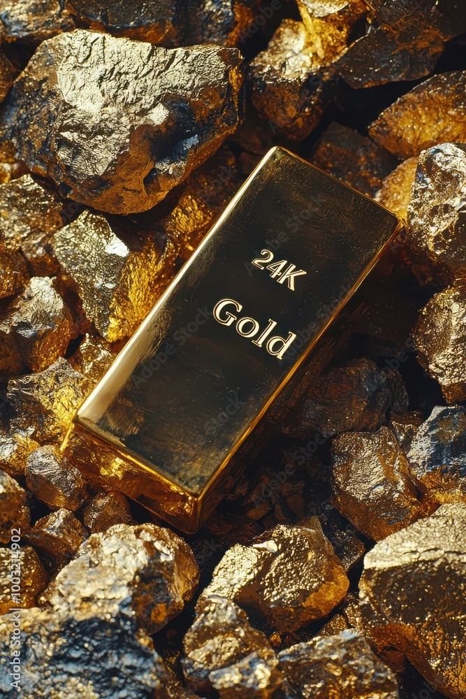 24k gold bar surrounded by shiny gold nuggets symbolizing wealth and luxury in a rich, golden ...