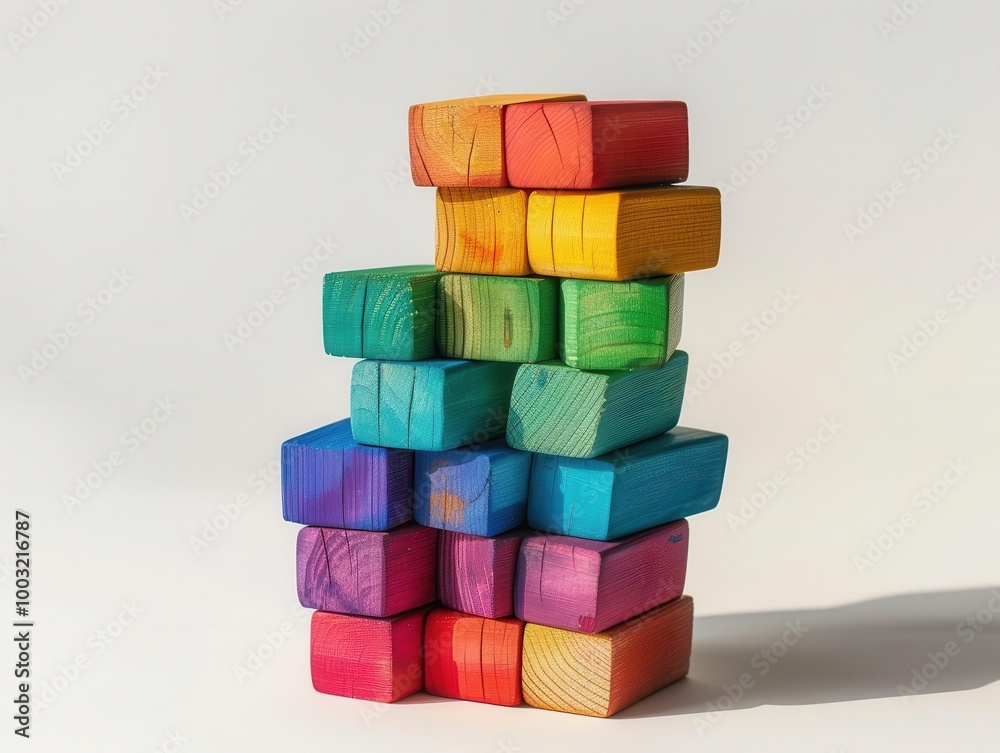 geometric wooden blocks in rainbow hues, carefully stacked in ...