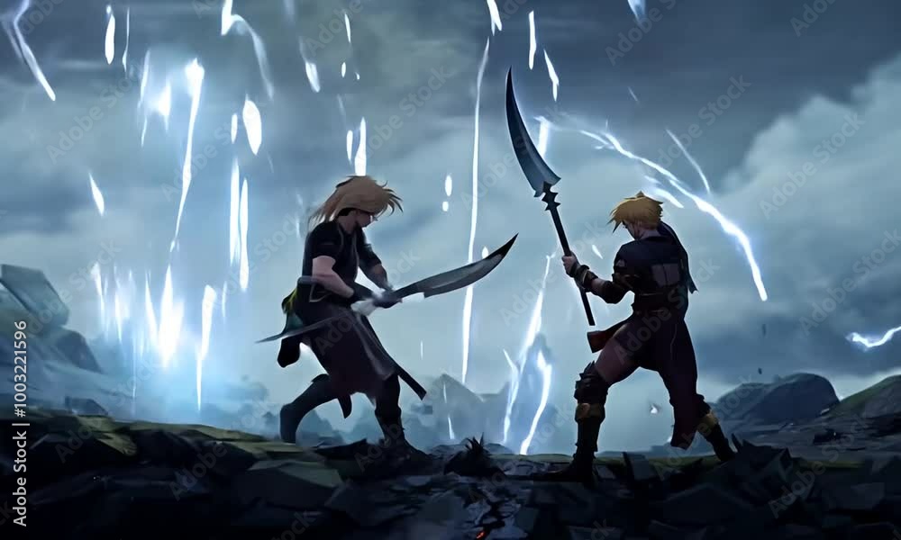 An anime character engaged in an epic sword fight with dynamic action ...