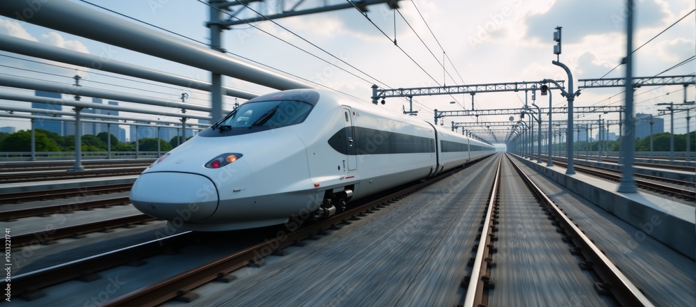 High-speed train racing across an efficient connected modern railroad ...