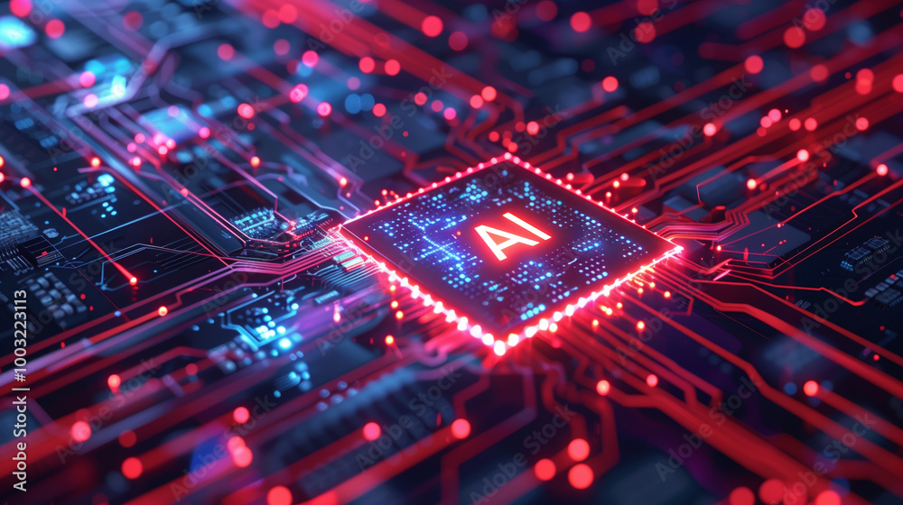 AI futuristic digital neon glowing red computer data chip on wireframe grid circuit board ...