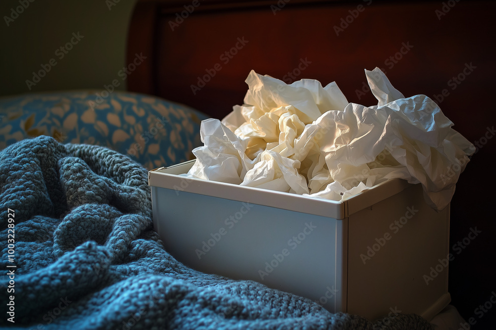 Crumpled tissues spilling out of a wastebasket, placed beside a bed ...