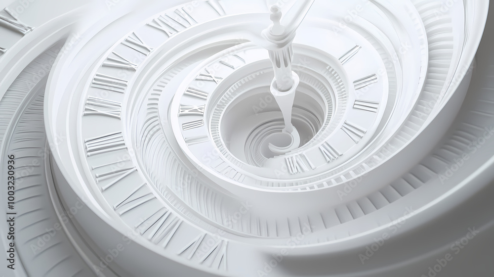 Abstract modern white spiral clock dial with roman and arabic numerals ...