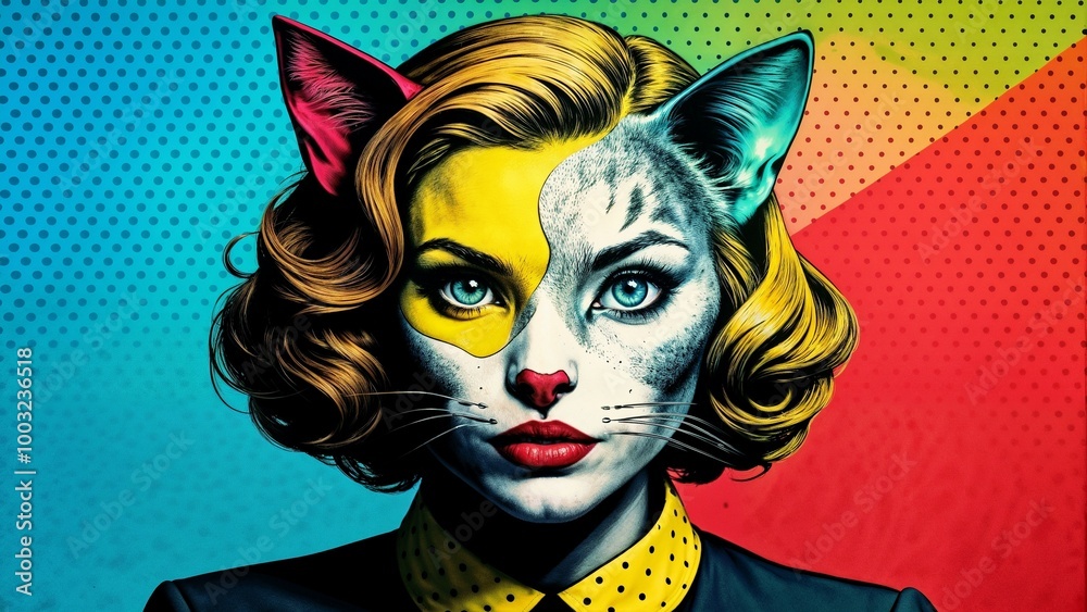 Cat-headed woman in pop art style with bright contrasting colors Stock ...
