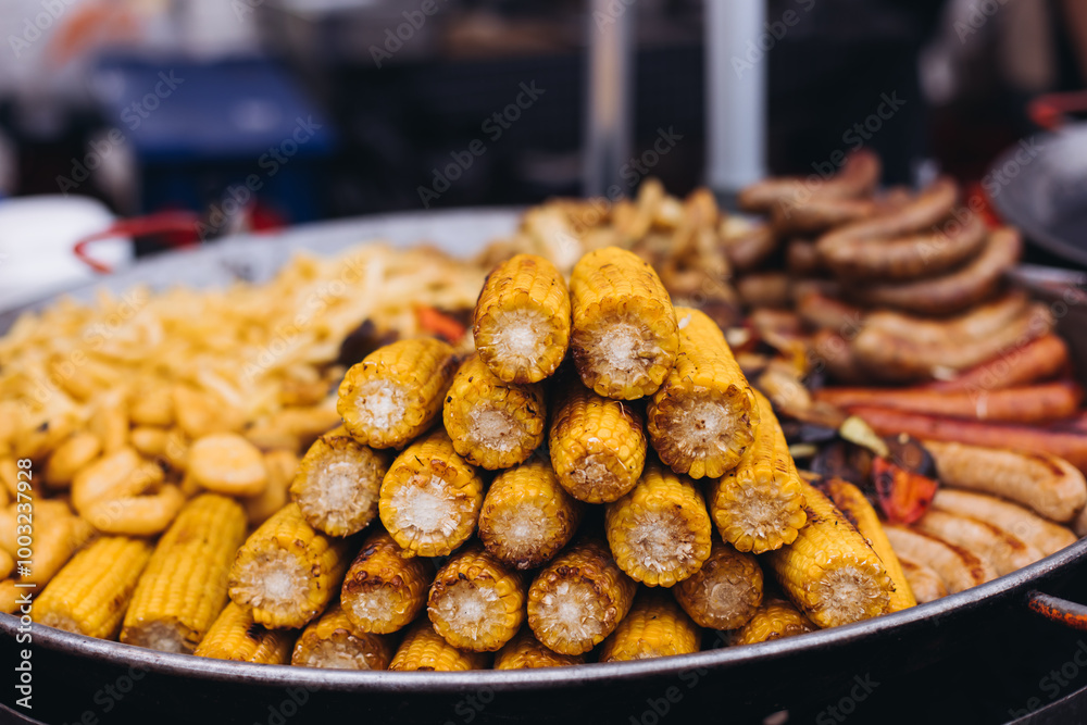 Food festival with food stall kiosk, open-air outdoor fair market ...