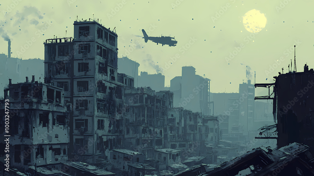 Futuristic mechanical city slums dystopia at day illustration using ...
