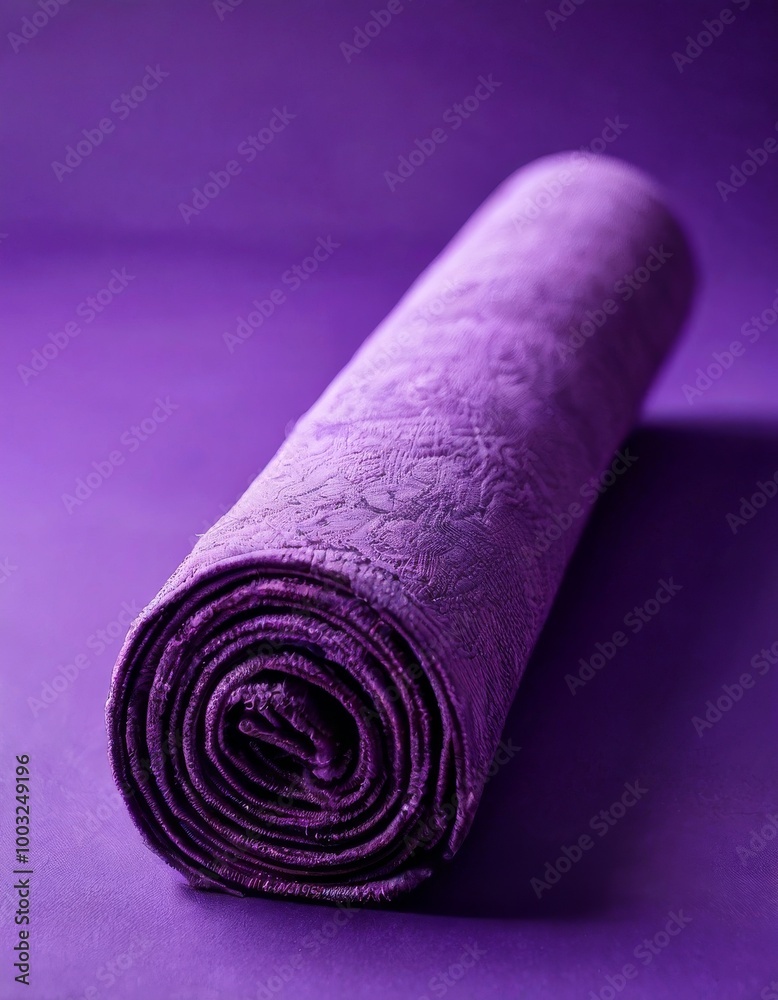 Rolled up piece of purple fabric with a detailed, intricate texture ...