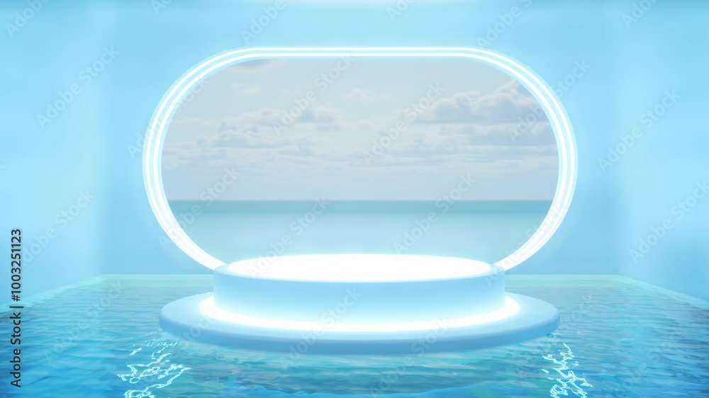 A sleek 3D neon-blue podium surrounded by water, featuring a modern ...