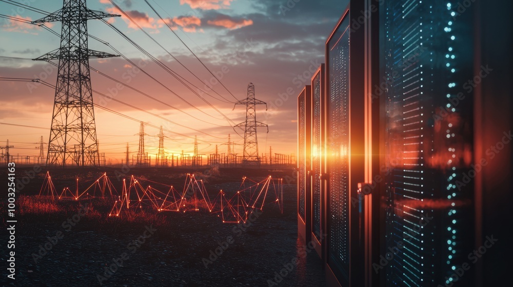 Sunset Over Sprawling High Voltage Electrical Power Grid Transmission ...
