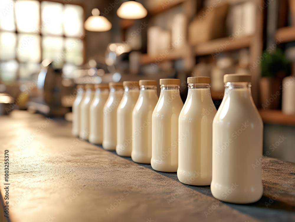 A row of freshly bottled milk, sitting on a stone countertop in a small ...