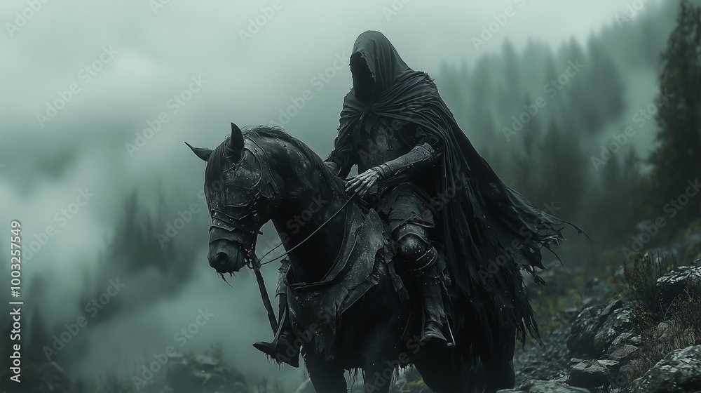 male undead knight shrouded in mist, astride a spectral horse in a ...