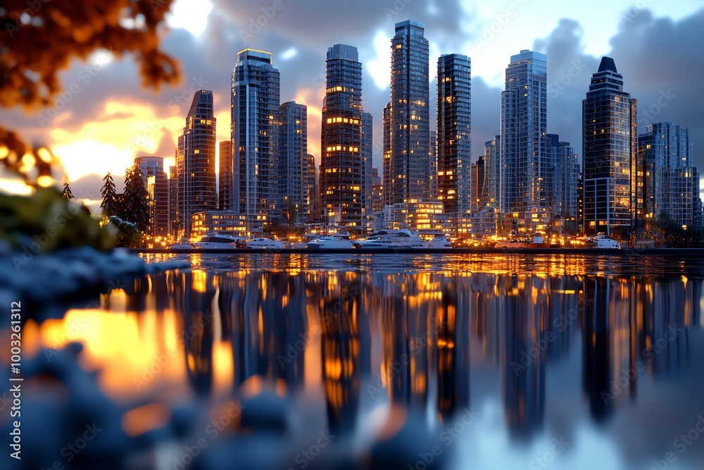 3D digital city skyline at sunset, where every building and reflection ...