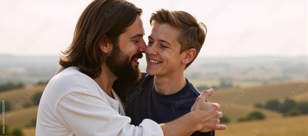 Image of Jesus embracing a young man with short hair conveying the ...