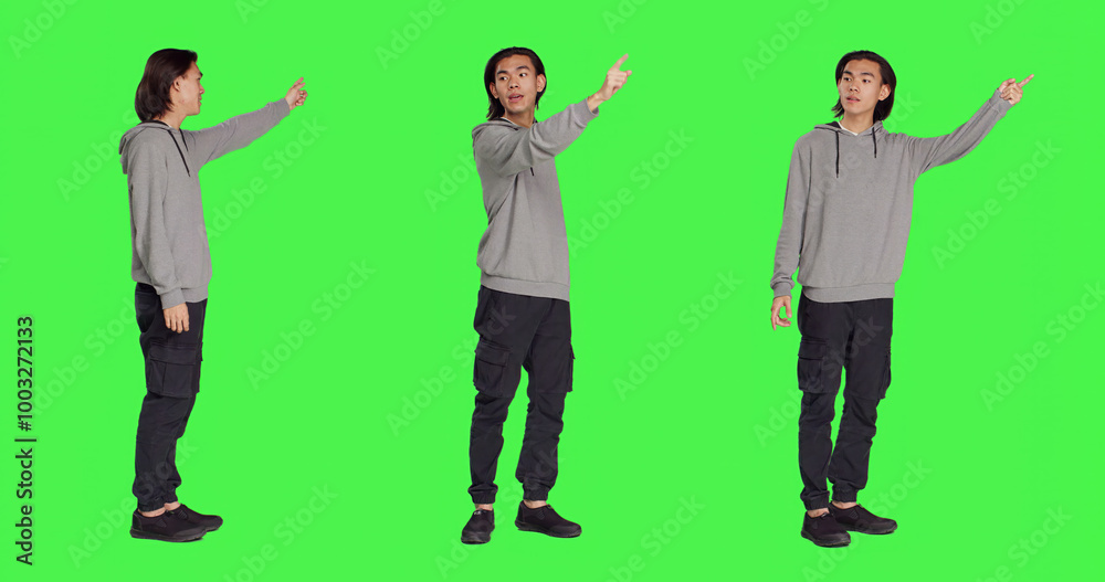 Person indicating left or right directions on camera, pointing to both ...