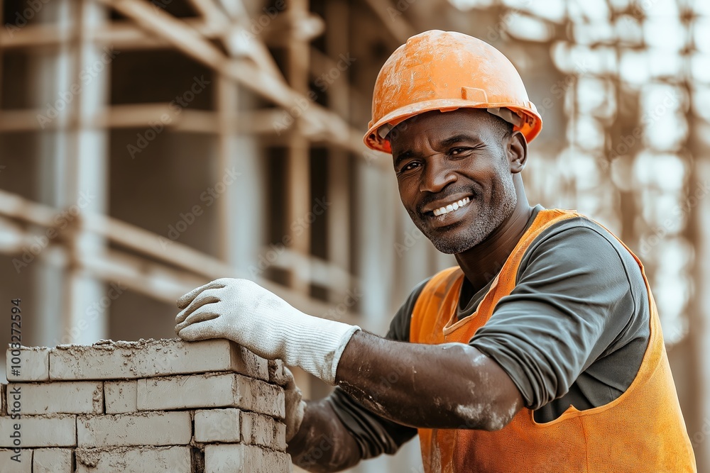 Construction worker smiling on site, wearing hard hat, holding bricks ...