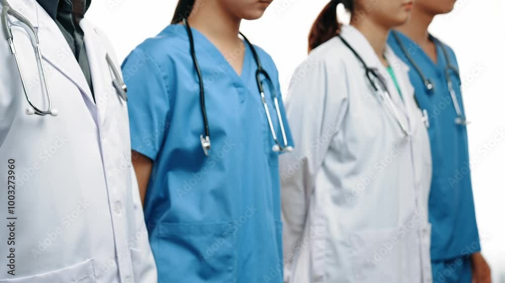 Confident and professional team of medical staff stand in line together ...