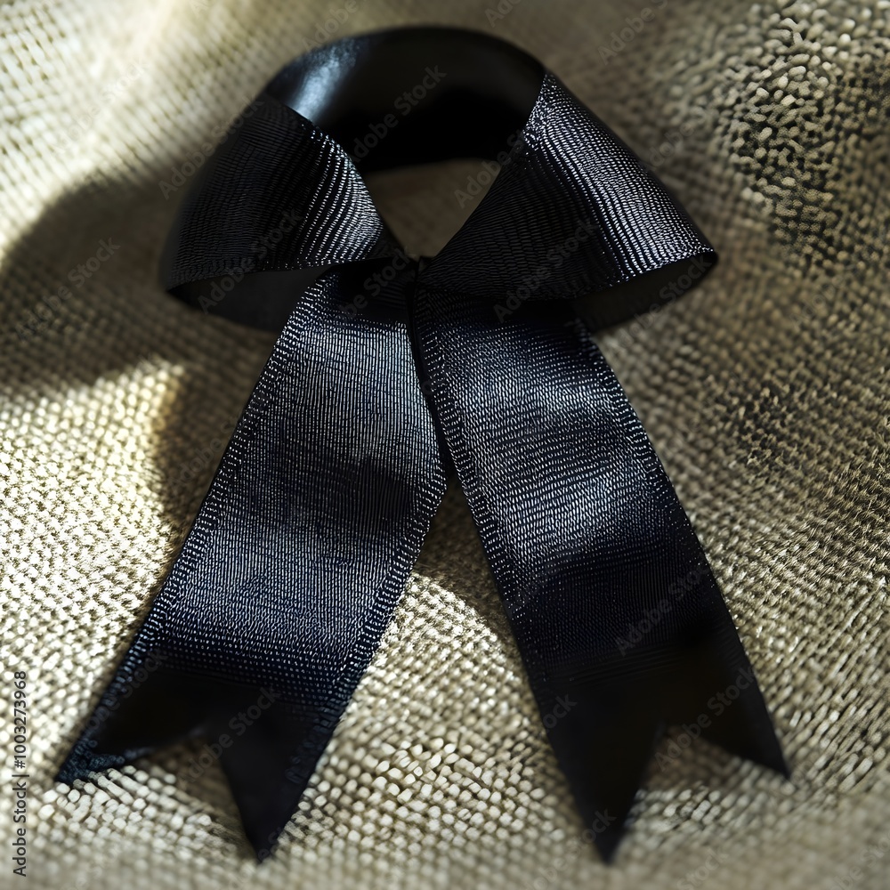 a black ribbon tied in a loop with two tails hanging down. The ribbon ...