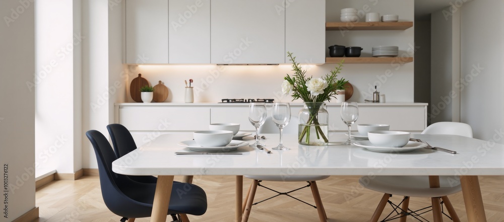 Kitchen scene showcases a white home interior with an eat-in table and ...