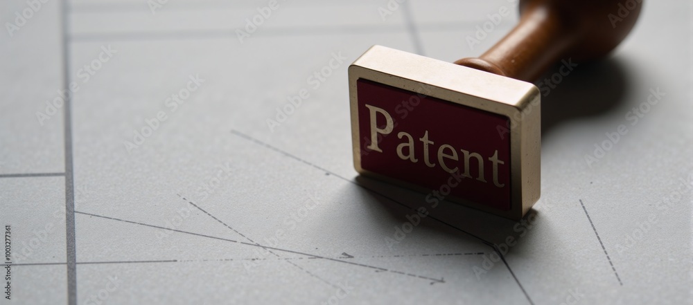 Patent symbol overlaid on a detailed blueprint background conveying an ...