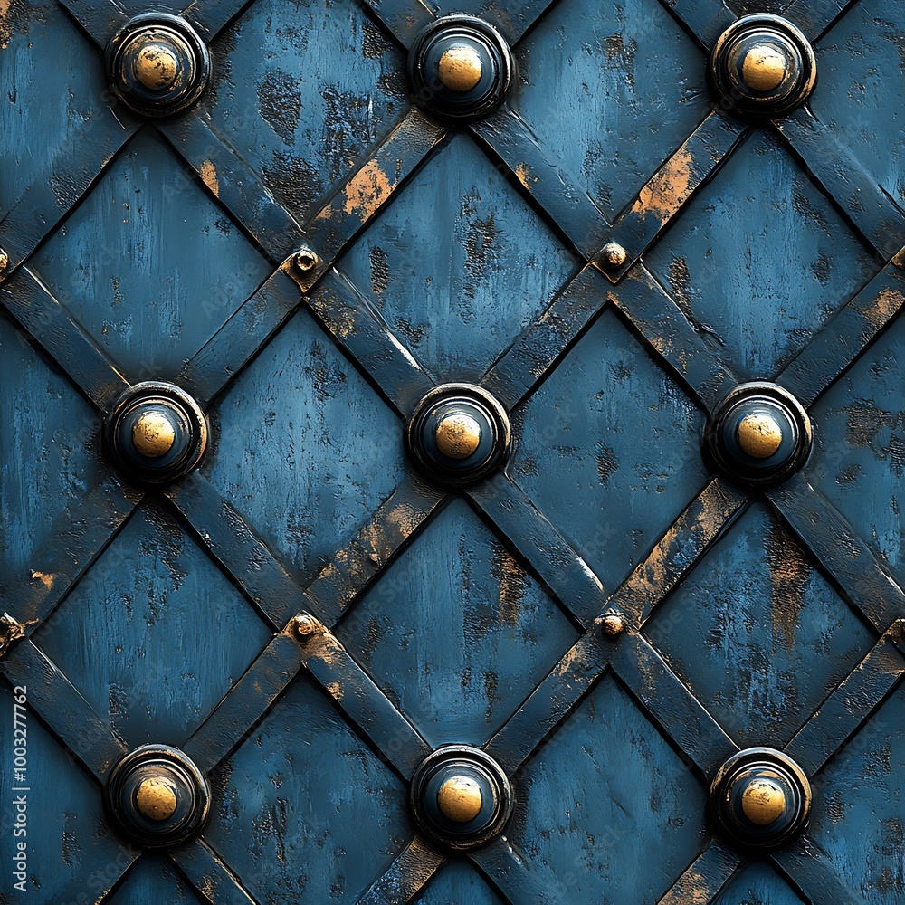 Blue metal gate with ornate wrought iron and brass accents. Industrial ...