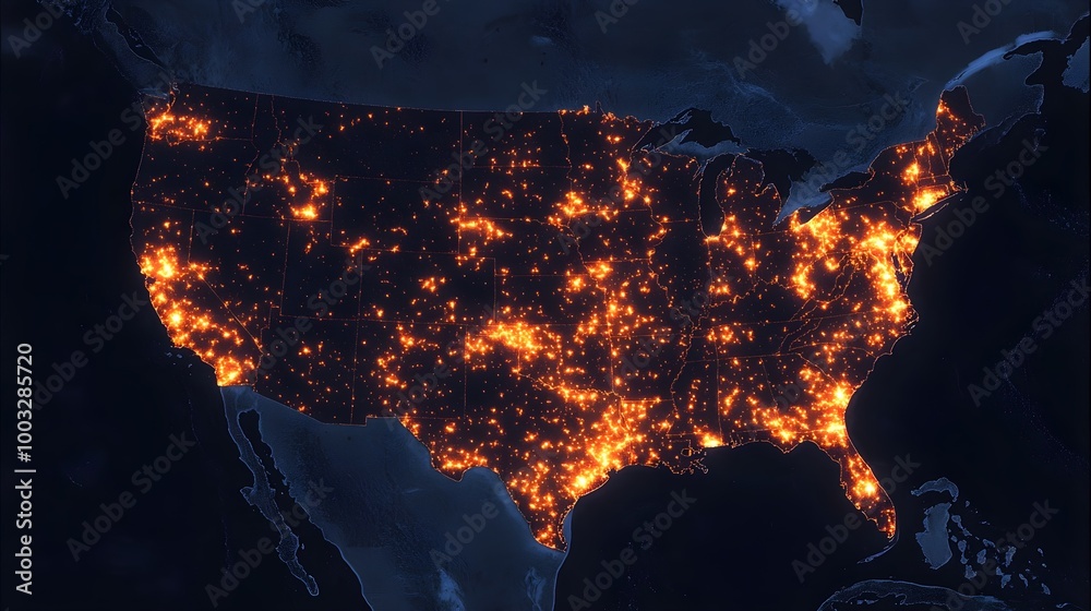 a map of the United States at night, showing the distribution of lights ...