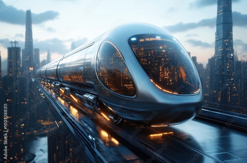 Futuristic high-speed maglev train gliding through transparent tunnels ...
