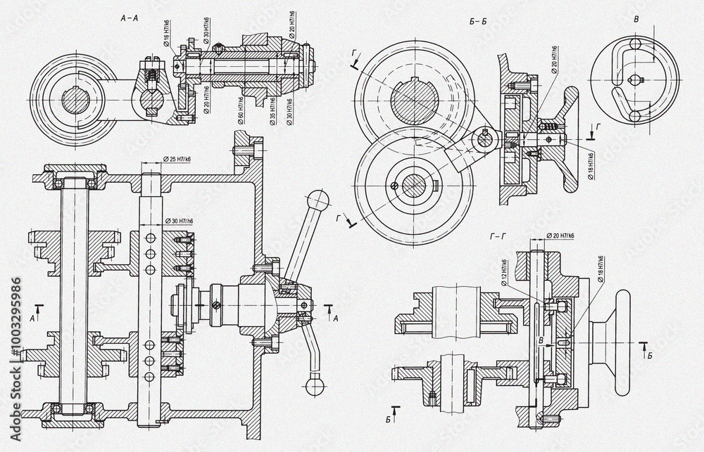 Levers, handles. Mechanisms of movement of gear wheels. Engineering ...