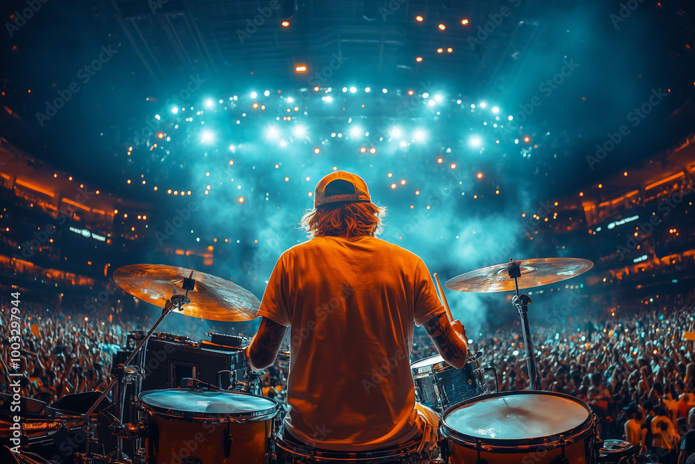 Drummer performing energetically at a packed stadium during a live ...