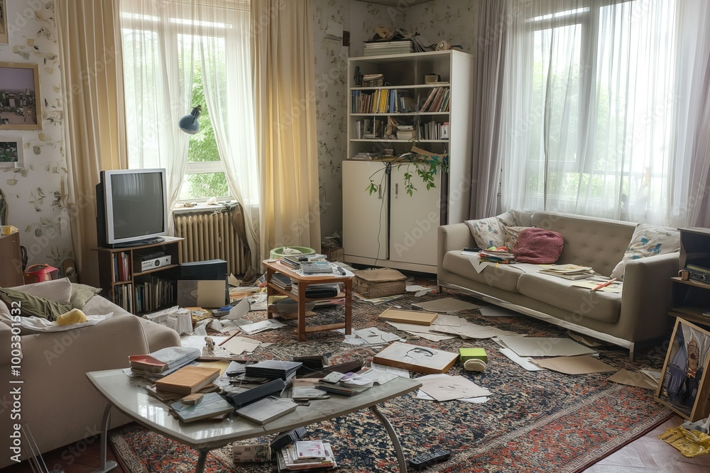 Messy living room interior after break-in. Burglar ransacked apartment, leaving chaos, disorder ...