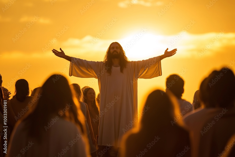 Jesus with outstretched arms, surrounded by people, sunset background ...