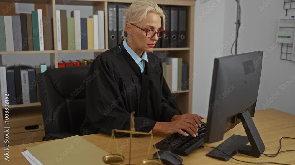 Woman working in an office wearing judicial robes, with blonde hair ...
