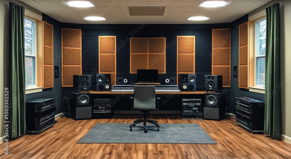 An empty recording studio featuring acoustic panels, sound equipment ...