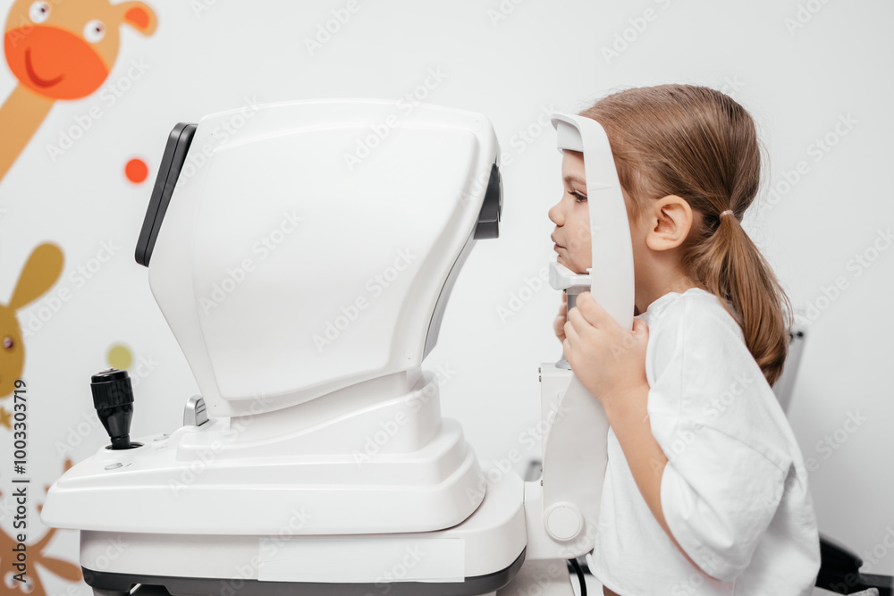 In a modern ophthalmology clinic, an ophthalmologist checks a little ...