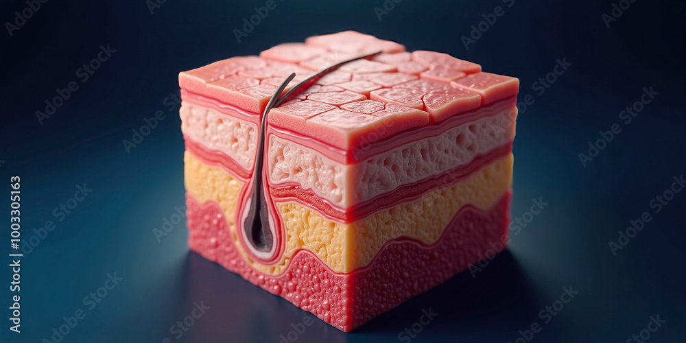 Skin part with a cross section of the human skin with hair follicle and ...