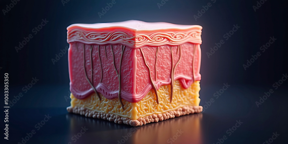 Skin part with a cross section of the human skin with hair follicle and ...