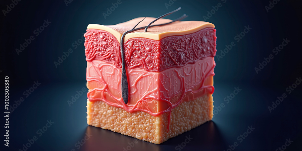 Skin part with a cross section of the human skin with hair follicle and ...