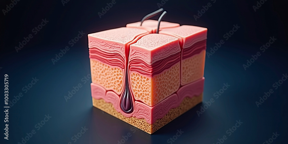 Skin part with a cross section of the human skin with hair follicle and ...