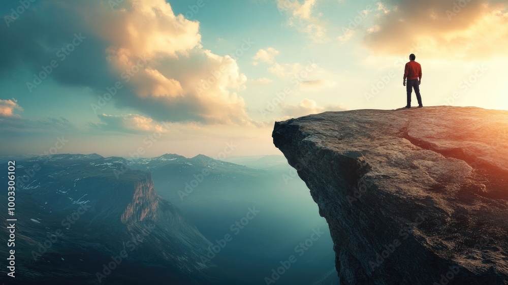 Person standing on cliff edge overlooking vast mountain range at sunset Stock Illustration ...