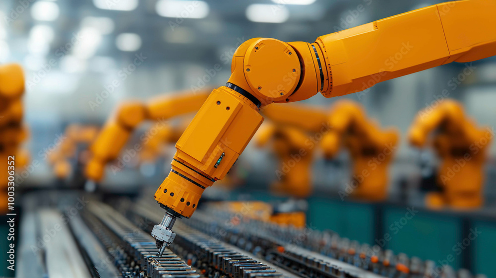 Robotic arms precisely assemble parts on advanced production lines, increasing production speed ...