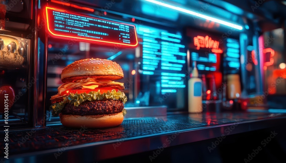 A gourmet burger stand in a futuristic food truck, serving plant-based ...