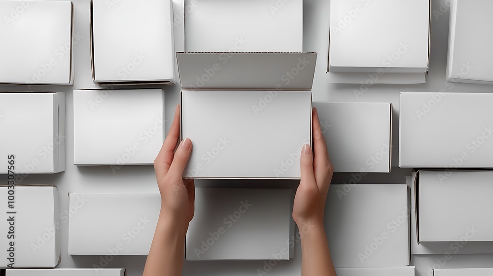 Hands holding open a white box against a background of many closed ...
