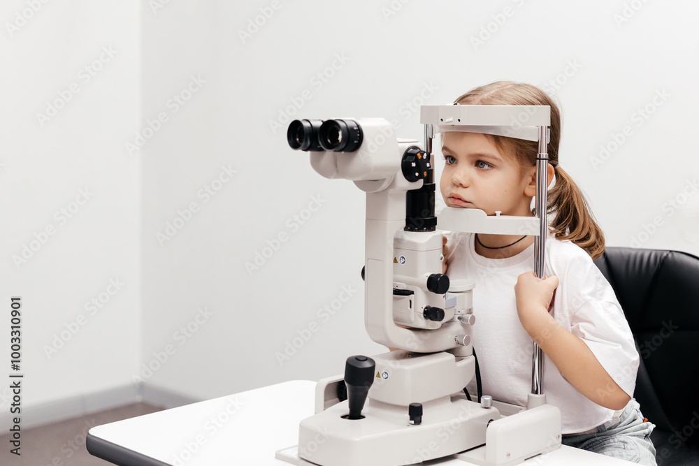 In a modern ophthalmology clinic, an ophthalmologist checks a little ...