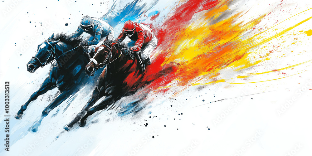 Dynamic horse racing scene featuring two jockeys in vibrant colors ...