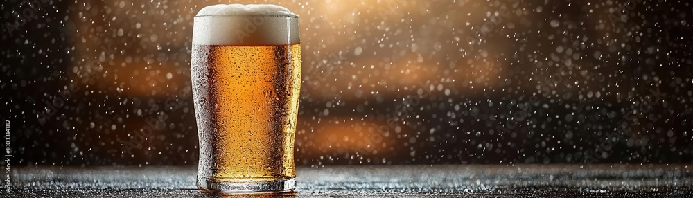 Frosty beer mug filled with cold lager, condensation dripping down the ...