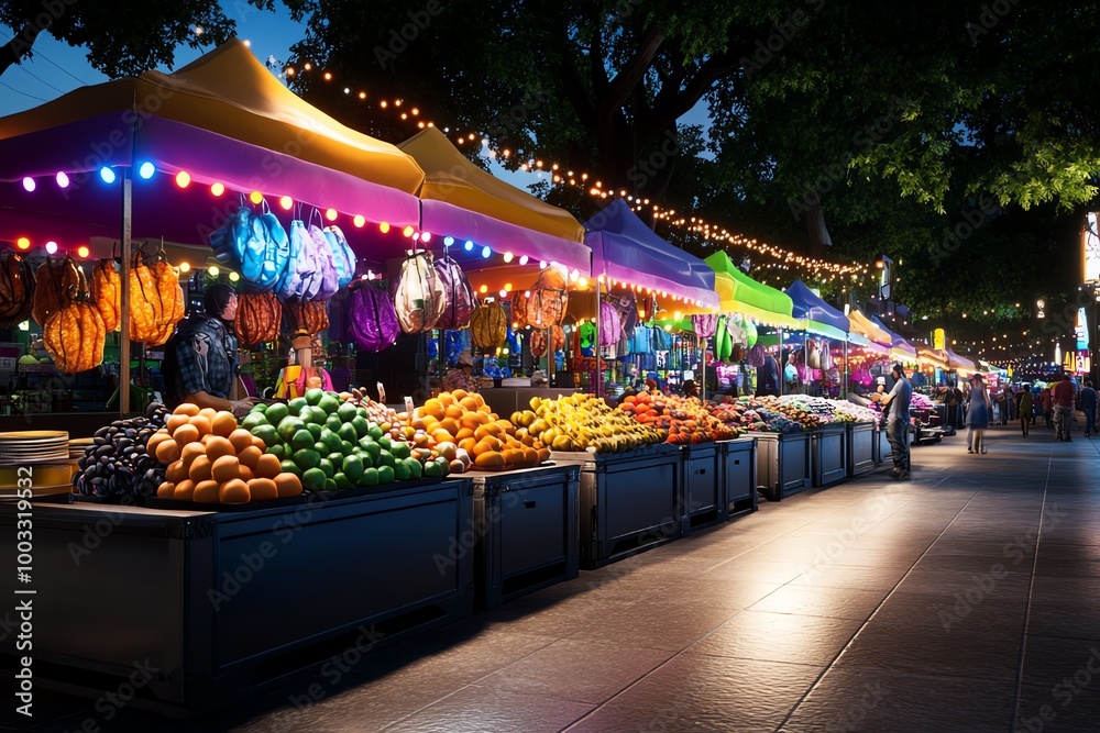 A hyper-realistic street market in an urban nightlife district, with ...