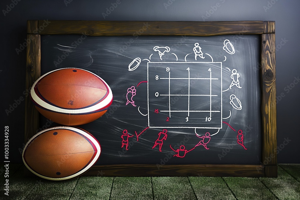 Rugby ball on chalkboard with drawn football game scheme. Green, white ...