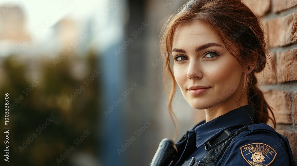 Young Caucasian female police officer leans against brick wall, wearing ...