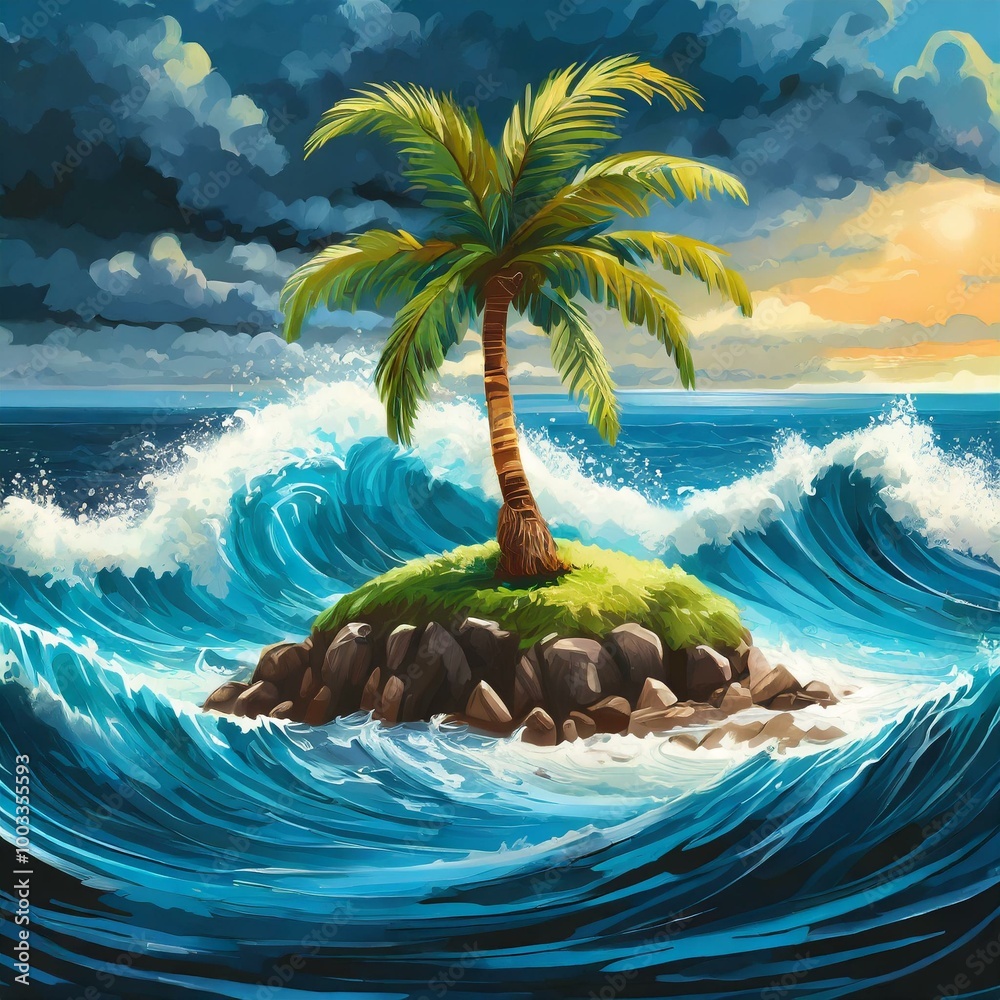 lonely palm tree in small island surrounded by stormy blue ocean and ...