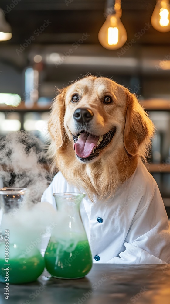 A golden retriever dressed as a scientist looks intently at a beaker of ...